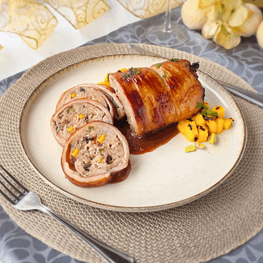 Recetas | Secreto de cerdo ibérico relleno de mango y frutos secos | Emcesa